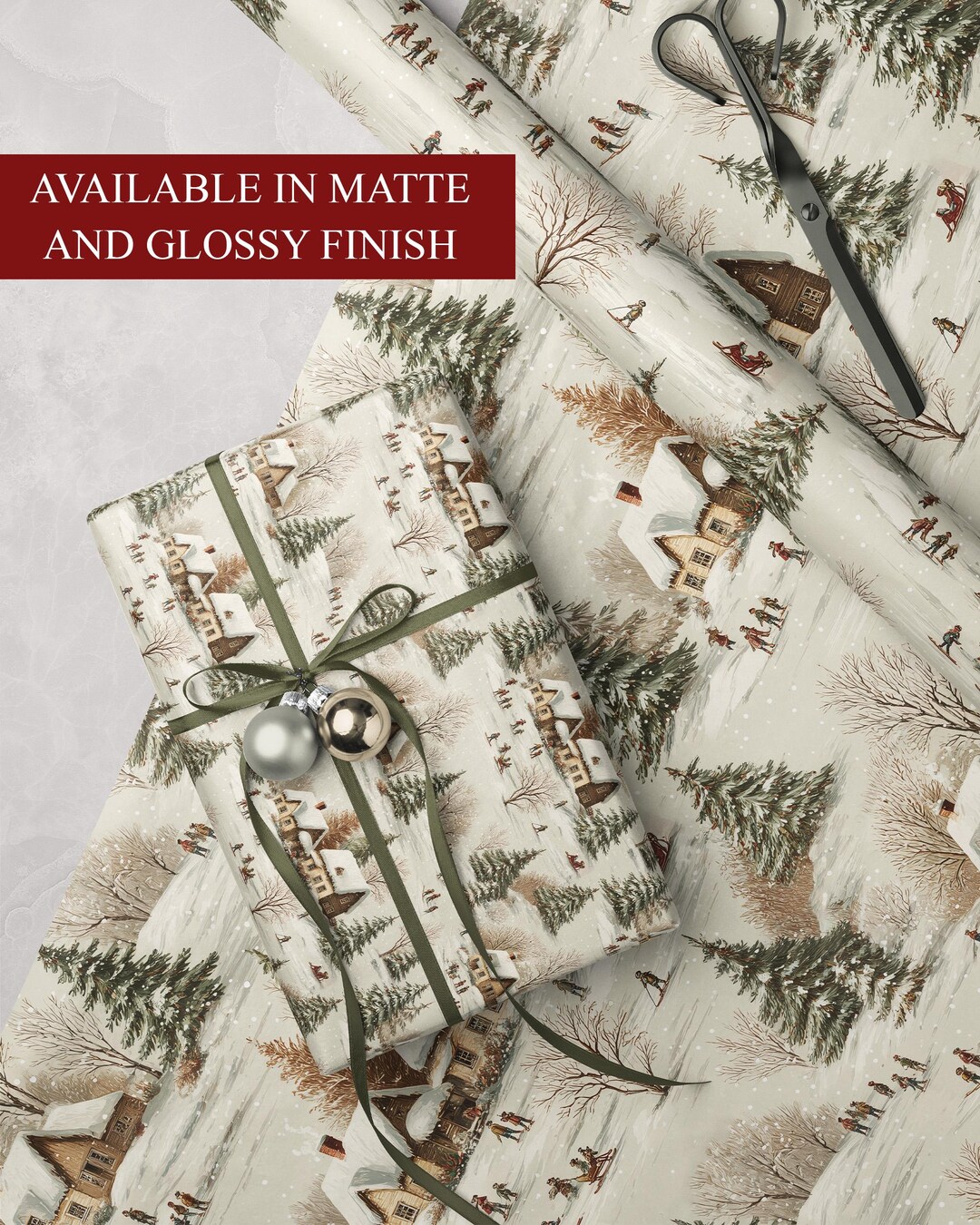 Vintage Skiers Christmas Wrapping Paper, Nostalgic Winter Skiing ...