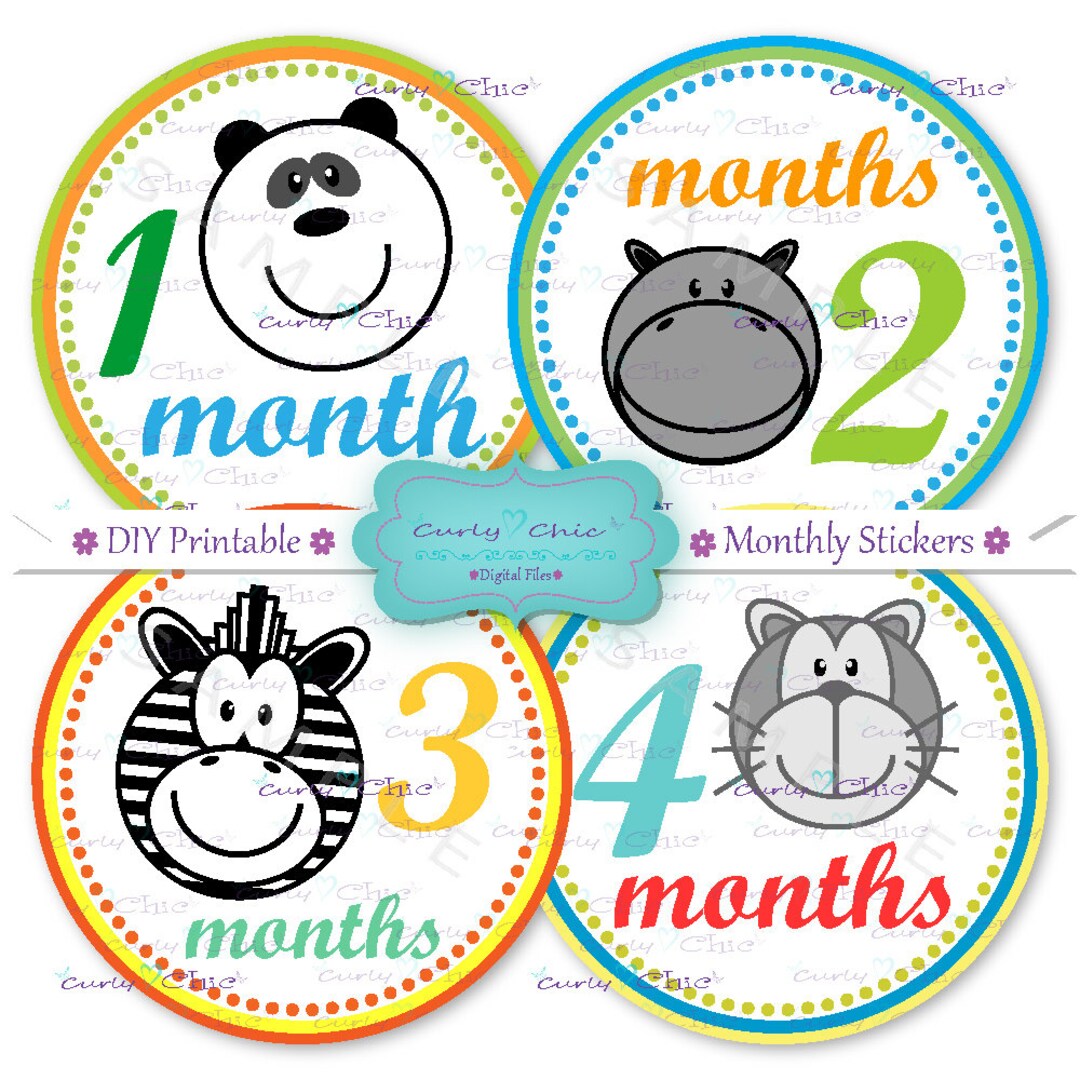 12 Printable Monthly Baby Stickers -baby Boy Grow up Signs 4"-baby Cute ...