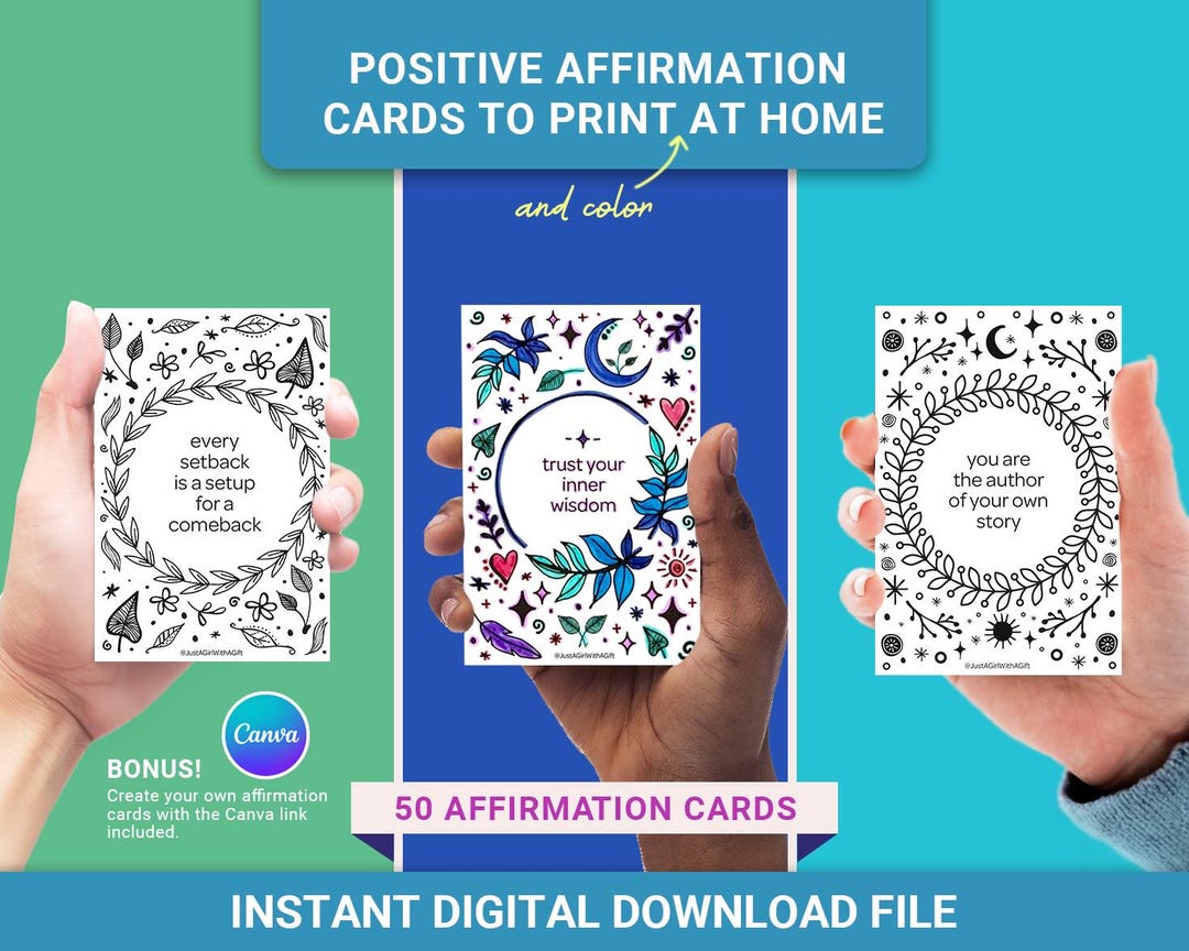 50 Printable Affirmation Cards: Mindful Messages to Color (PDF Download ...
