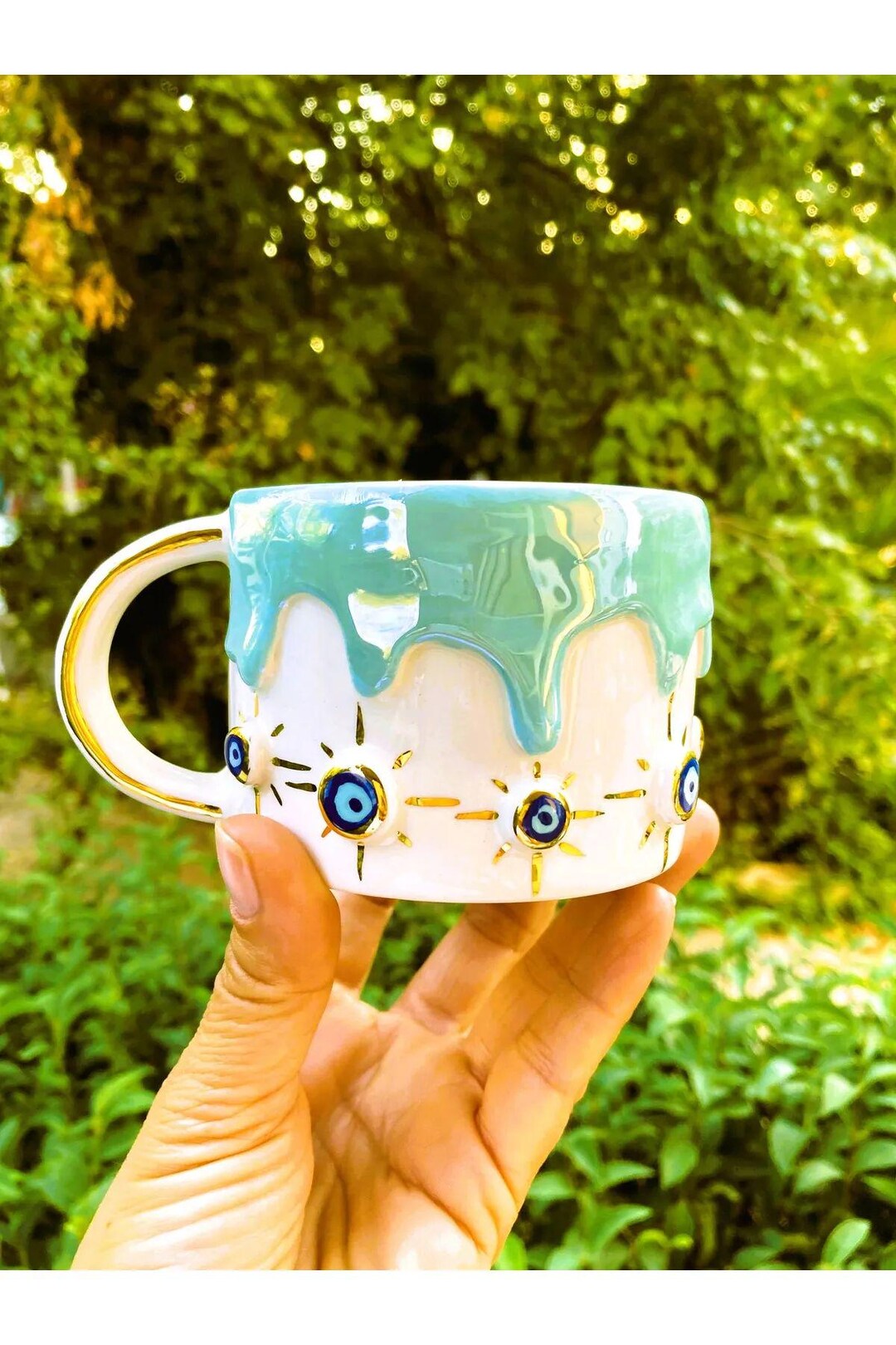 24 Carat Gold Plated Mug, Evil Eye Rain Mug, Handmade Gold Mug, Ceramic ...