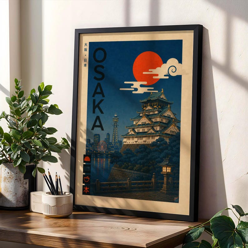 Osaka Japan Vintage Travel Poster, Retro Japanese Castle Wall Art ...