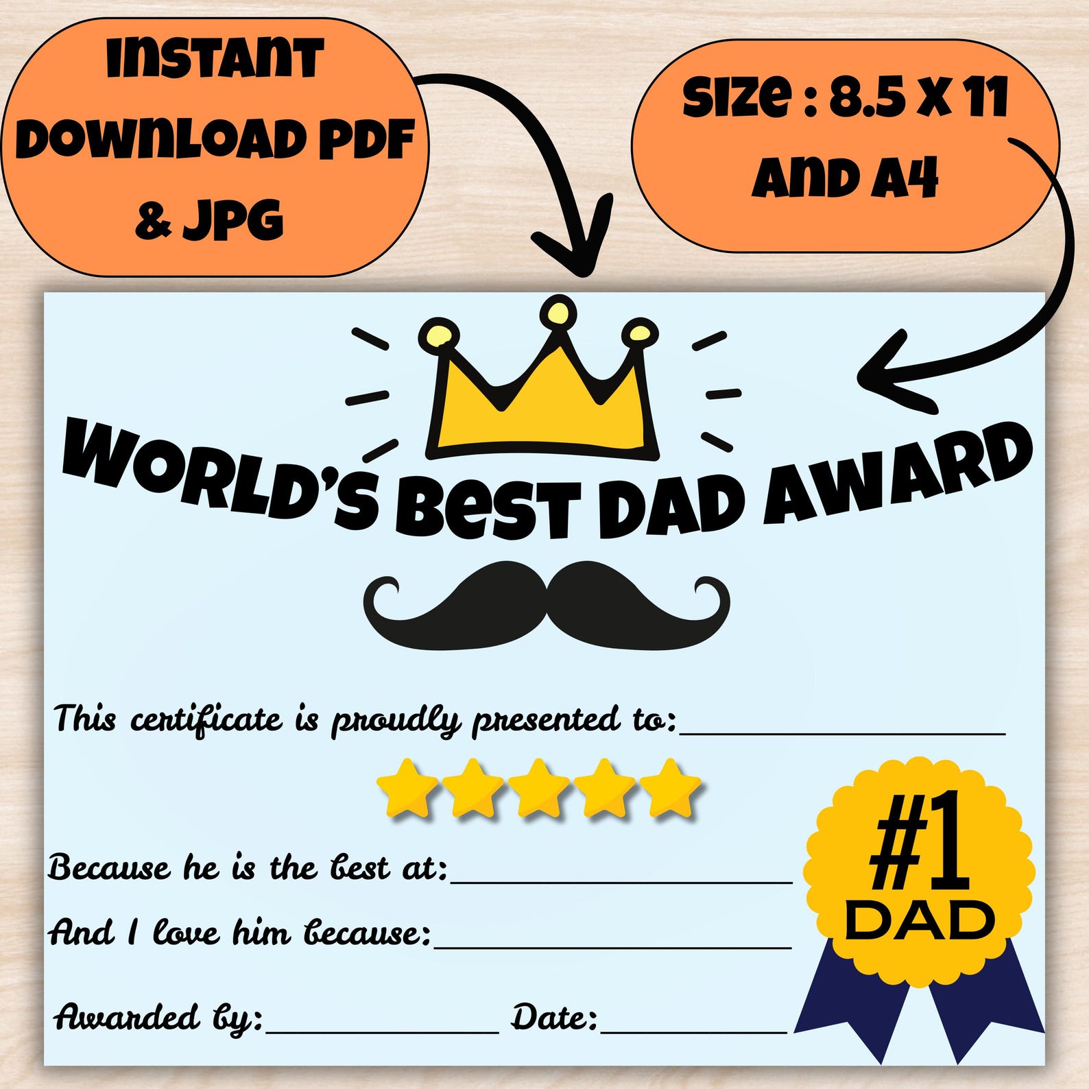 World's Best Dad Award | Father's Day Gift | Printable Father’s Day ...