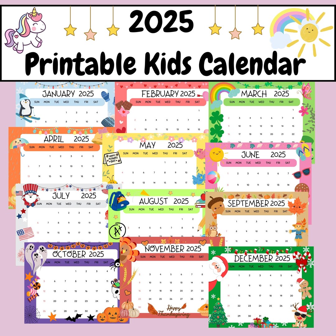 2025 Calendar Printable, Cute Kids Calendar 2025,wall Calendar Pdf ...