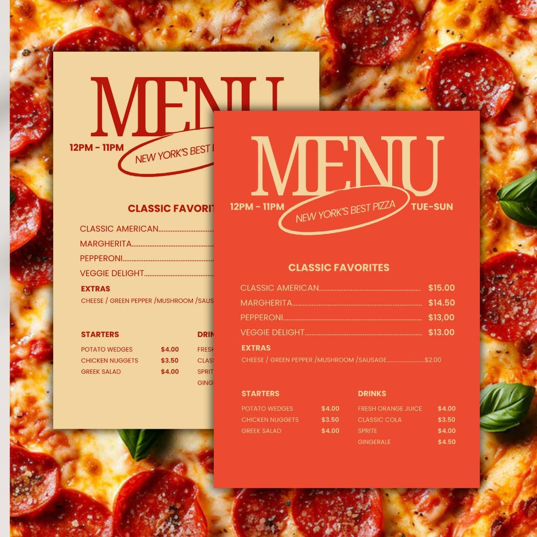 Modern Pizza Menu Template, Editable Canva Menu Restaurant Template - Etsy