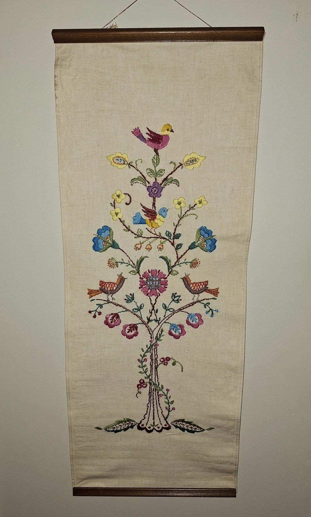 Charming Vintage Crewel Embroidery Wall Hanging: Birds, Trees and ...