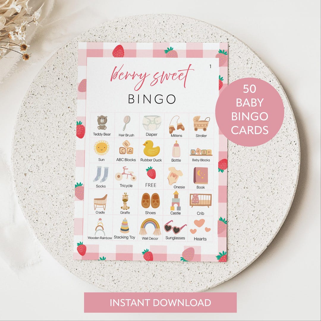 Strawberry Baby Shower Bingo Game: Berry Sweet, Pink Theme (printable ...