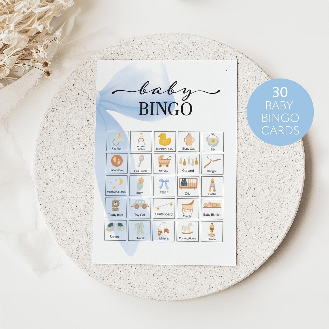 Blue Bow Baby Shower Bingo Game, Baby Boy Bingo Game 30 Cards Bingo ...