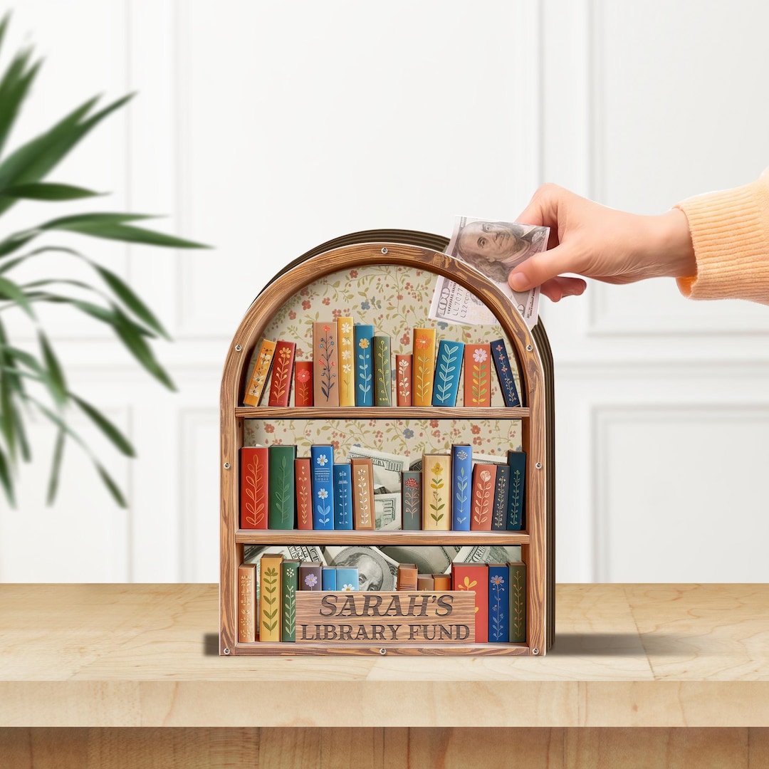Personalized Library Fund Box, Book Lover Piggy Bank, Arch Book Savings ...