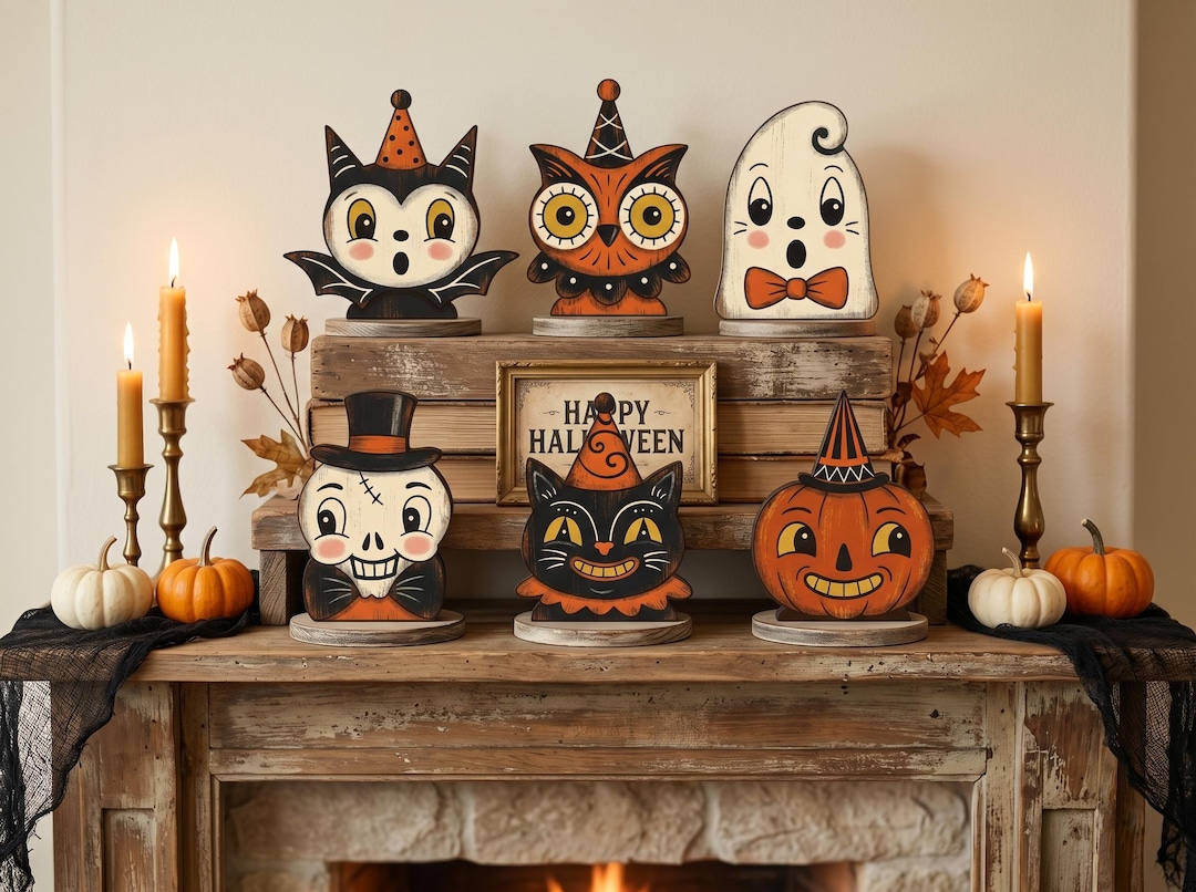 Vintage Halloween Decor Indoor, Retro Wooden Block for Shelf Decor ...