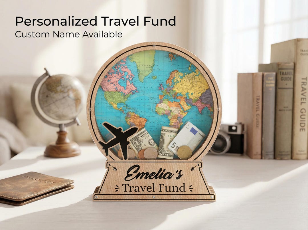 Custom Travel Fund Box, Personalized Adventure Money Bank, Globe Map ...