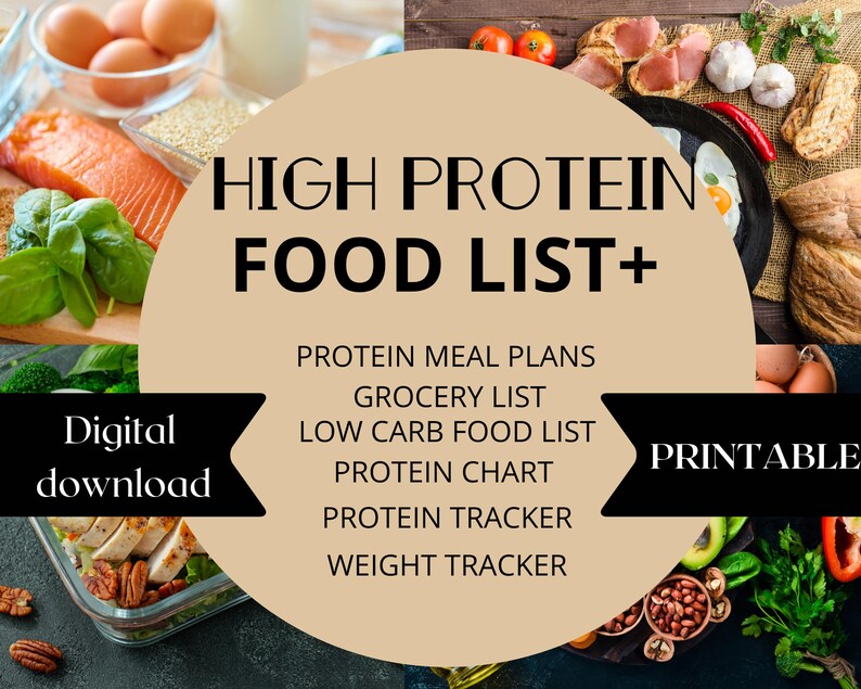 High Protein Food List: Low Carb Meal Plan, Weight Tracker (digital ...