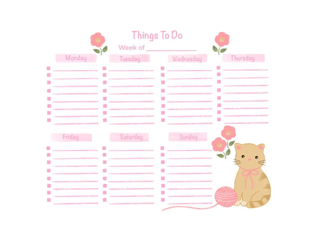 Things to Do Planner, Weekly Planner, Cat Weekly Planner, Weekly ...