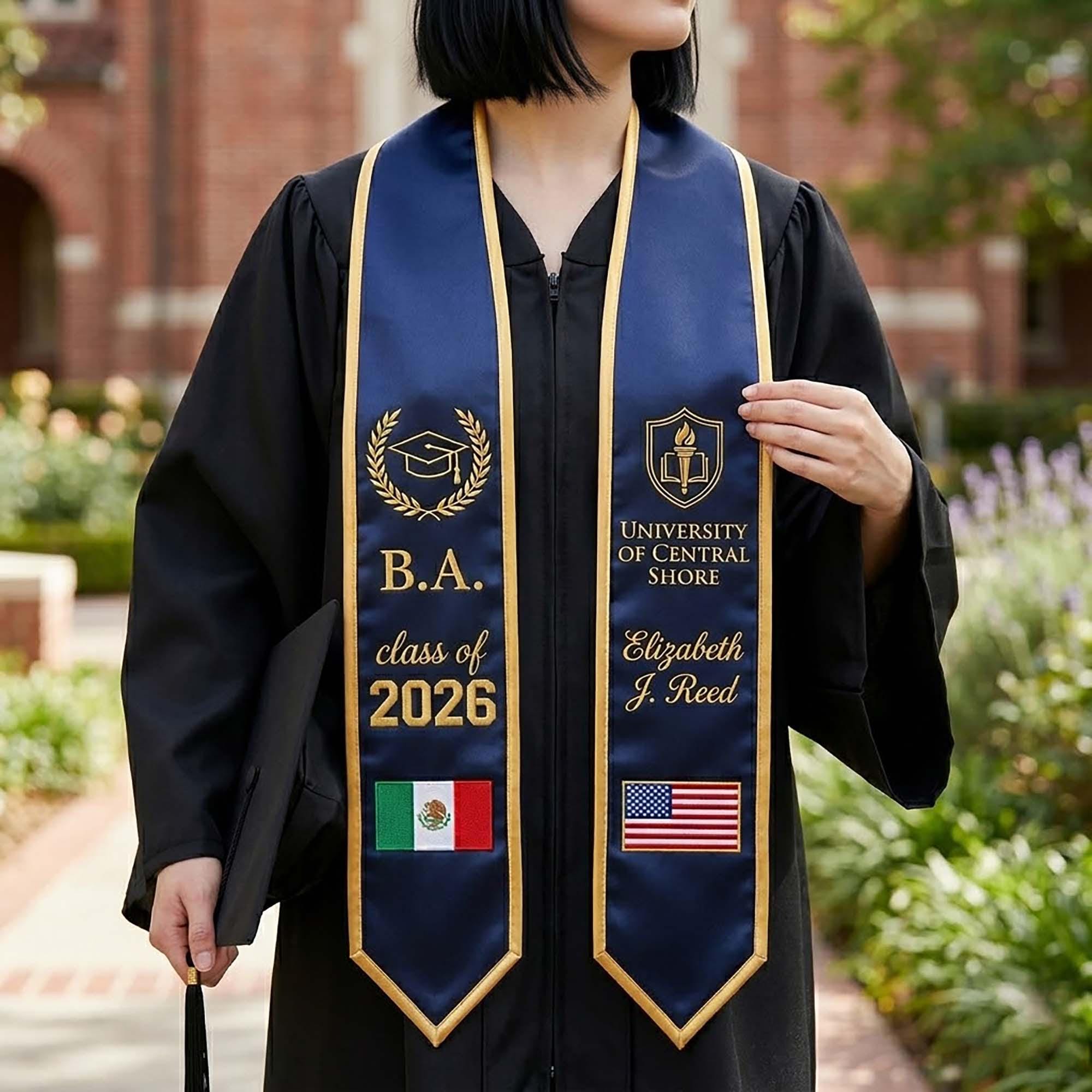 Custom Graduation Stole With Two Flags, Personalized Sash for First ...