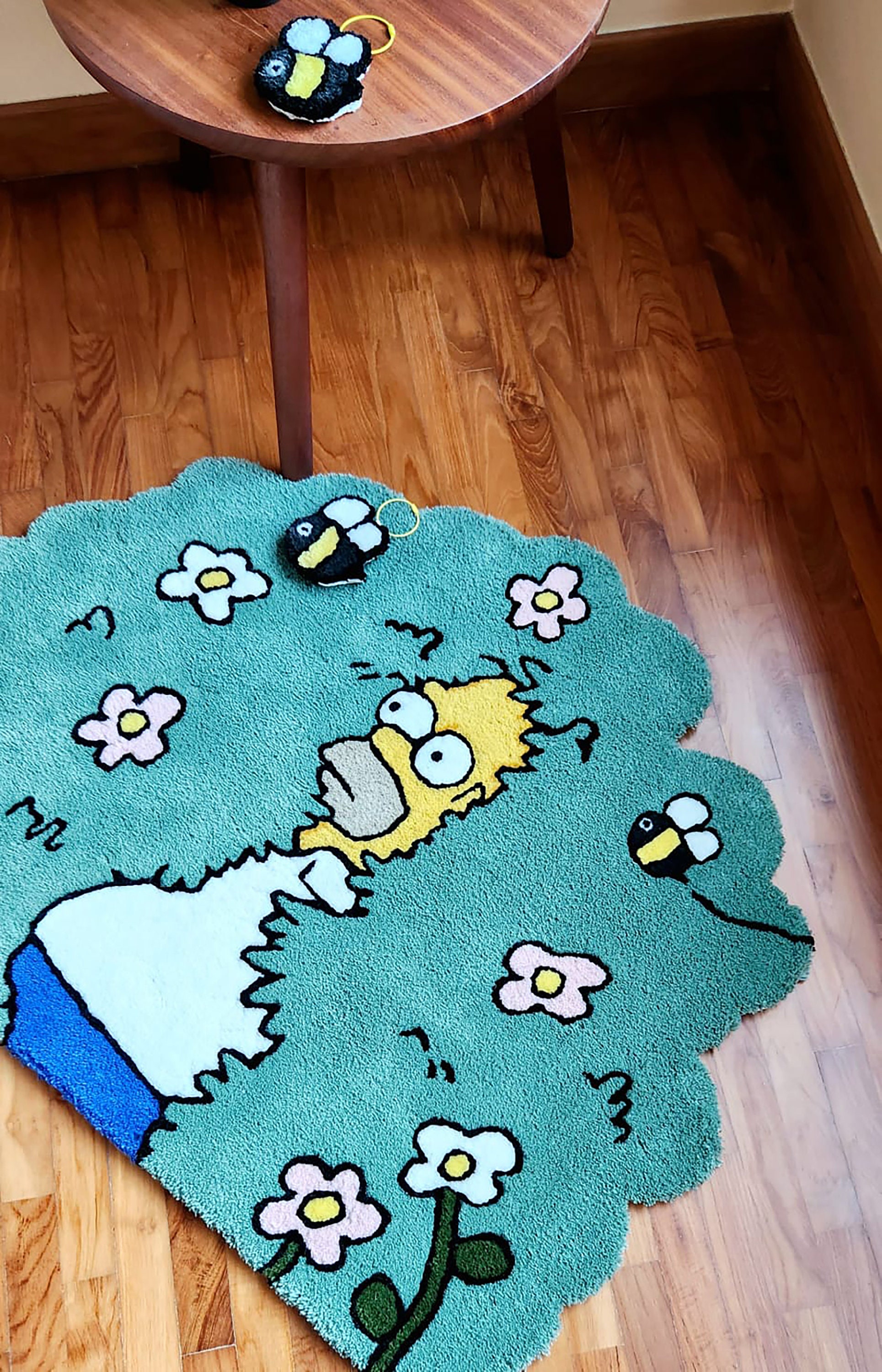 Custom Tufted Homer Simpson Backs Into the Bushes Rug + 2 Adorable Bees ...