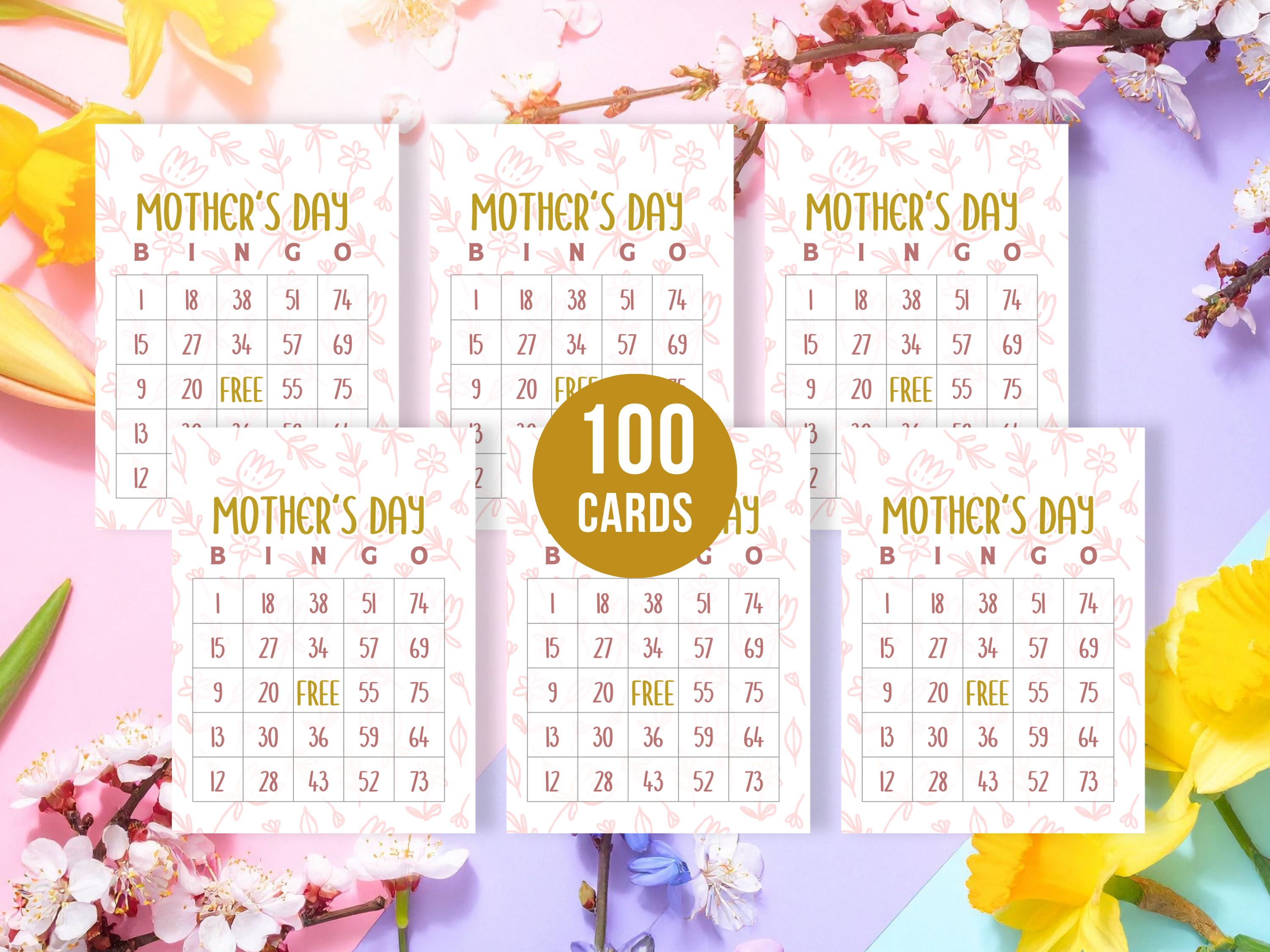 100 Mother's Day Bingo Cards, Printable Mother's Day Numbers Bingo ...
