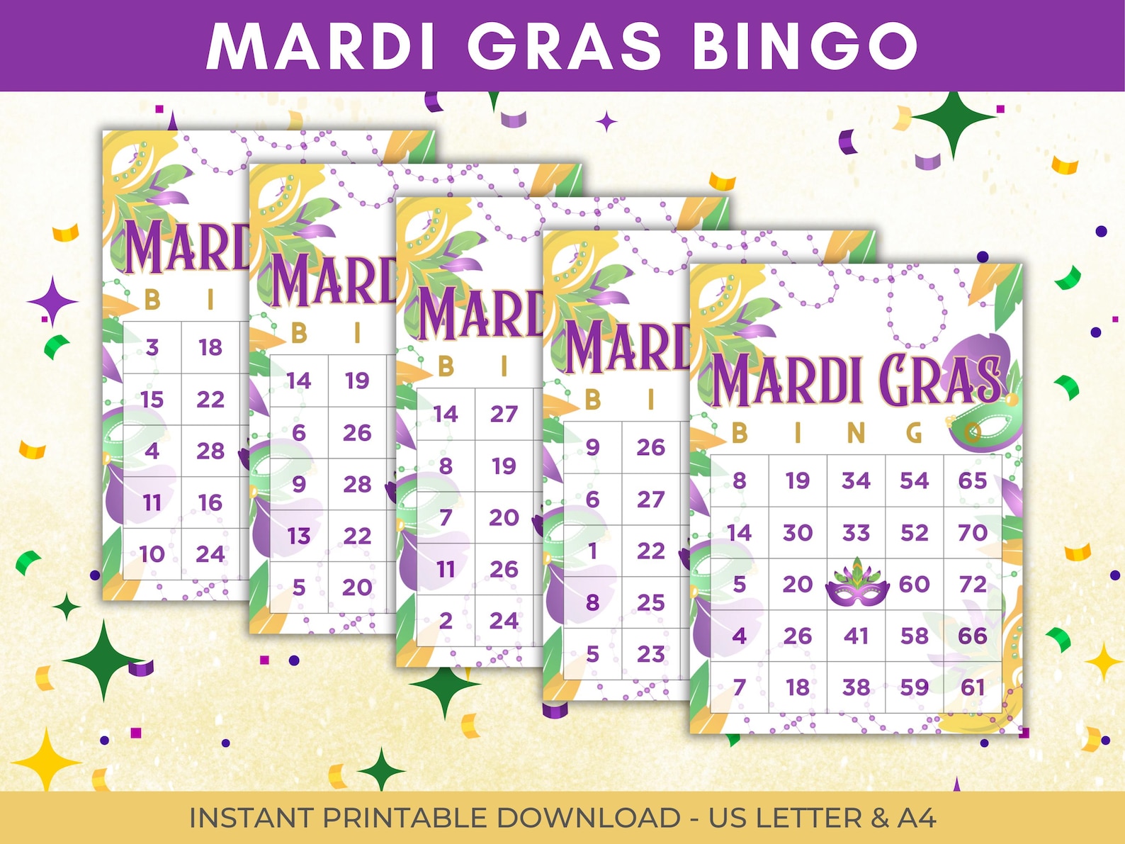 100 Mardi Gras Bingo Cards, Printable Mardi Gras Bingo, Mardi Gras ...