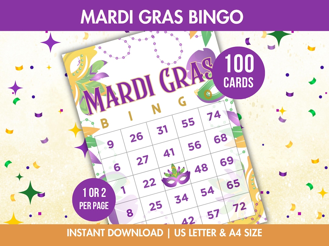 100 Mardi Gras Bingo Cards, Printable Mardi Gras Bingo, Mardi Gras ...