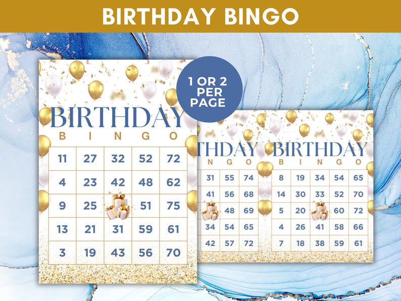 100 Birthday Bingo Cards, Printable Gold Blue Birthday Bingo, Birthday ...