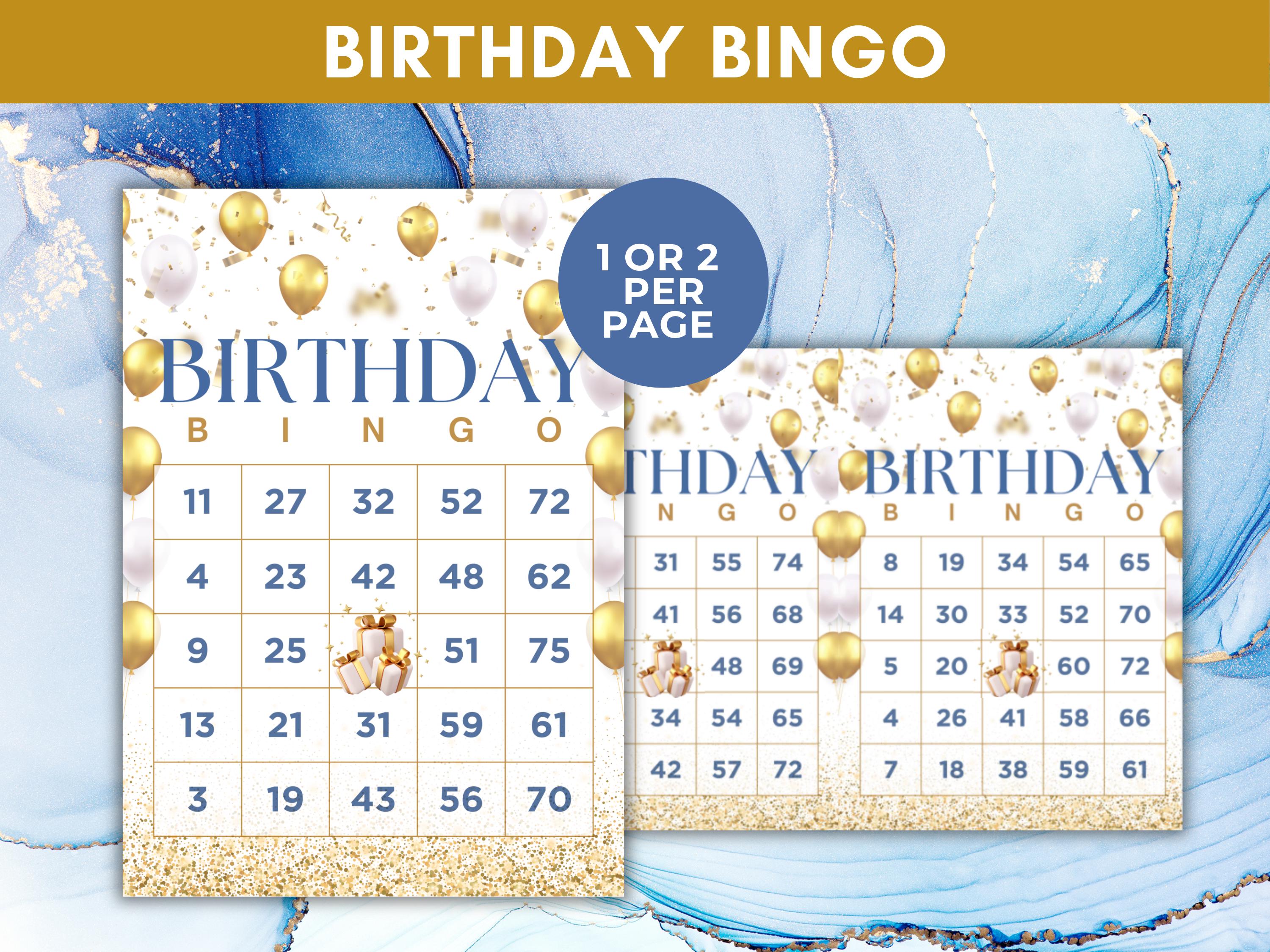 100 Birthday Bingo Cards, Printable Gold Blue Birthday Bingo, Birthday ...