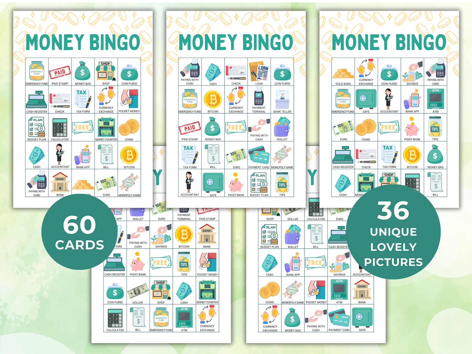 60 Money Bingo Cards, Financial Bingo Game, Teach Kids Money Banking ...