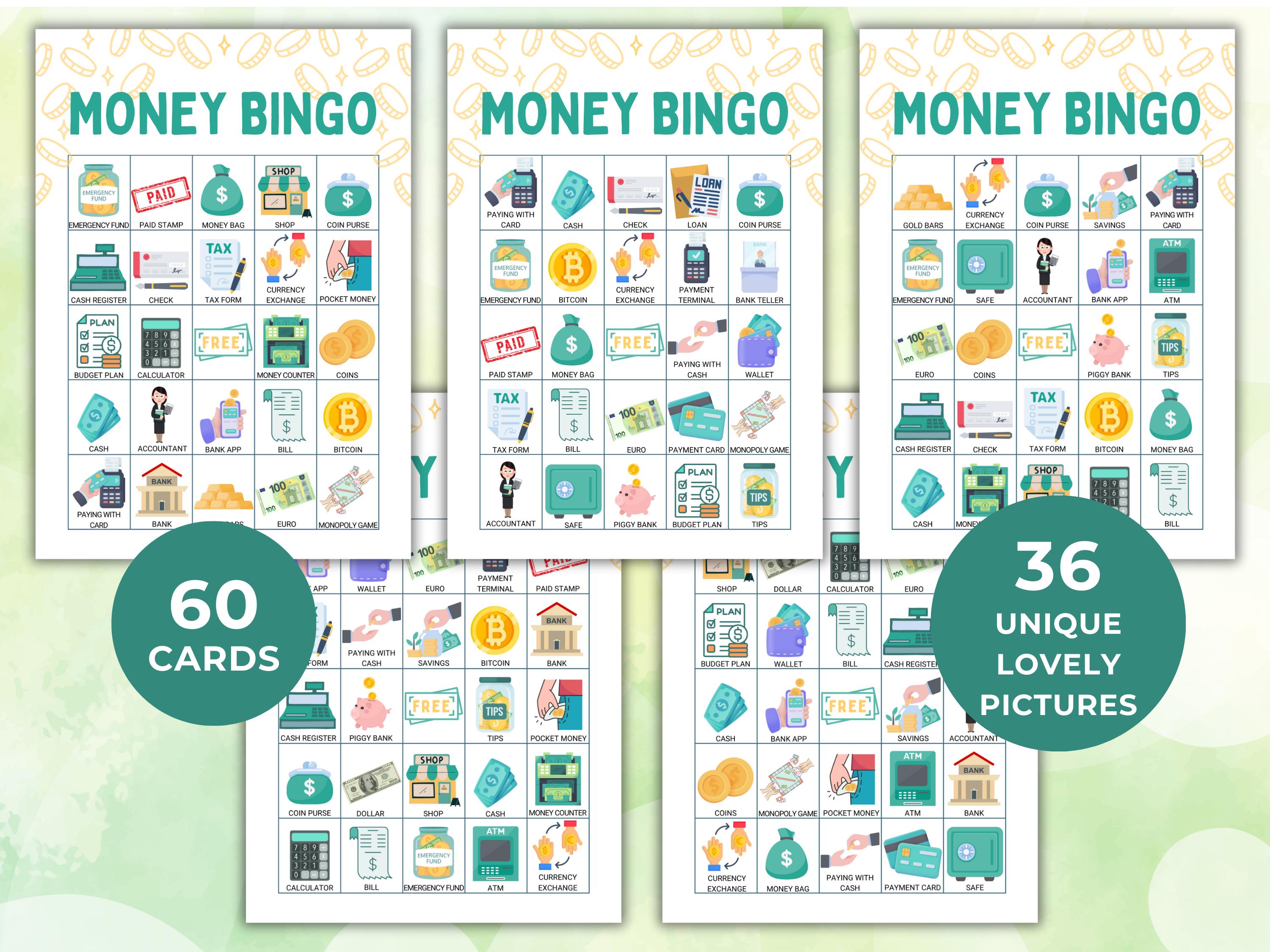 60 Money Bingo Cards, Financial Bingo Game, Teach Kids Money Banking ...