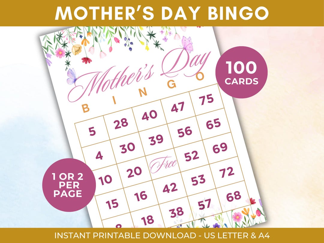 100 Mother's Day Bingo Cards, Printable Mother's Day Numbers Bingo ...