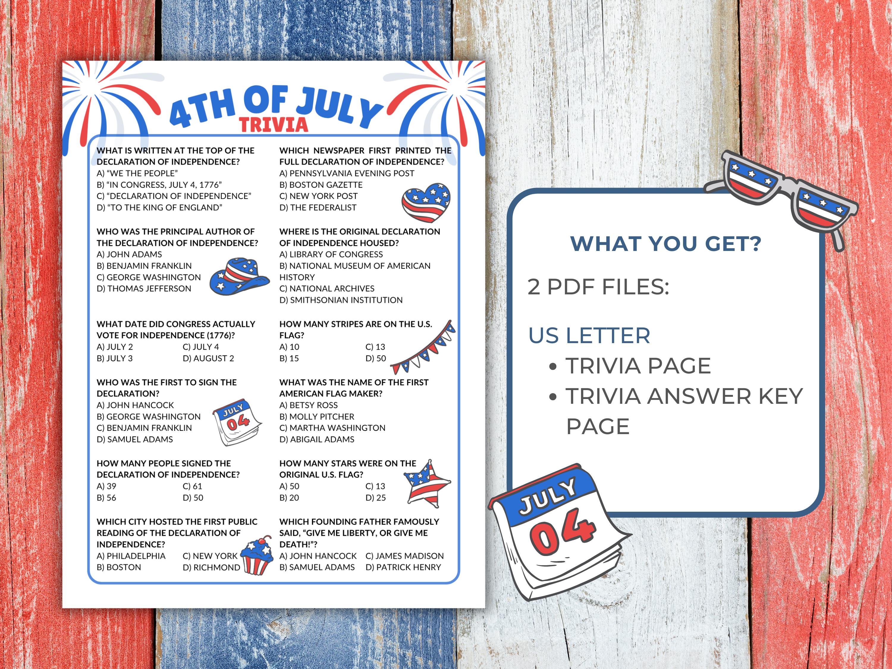 4th of July Trivia Game, Independence Day Activity, 4th of July Game ...