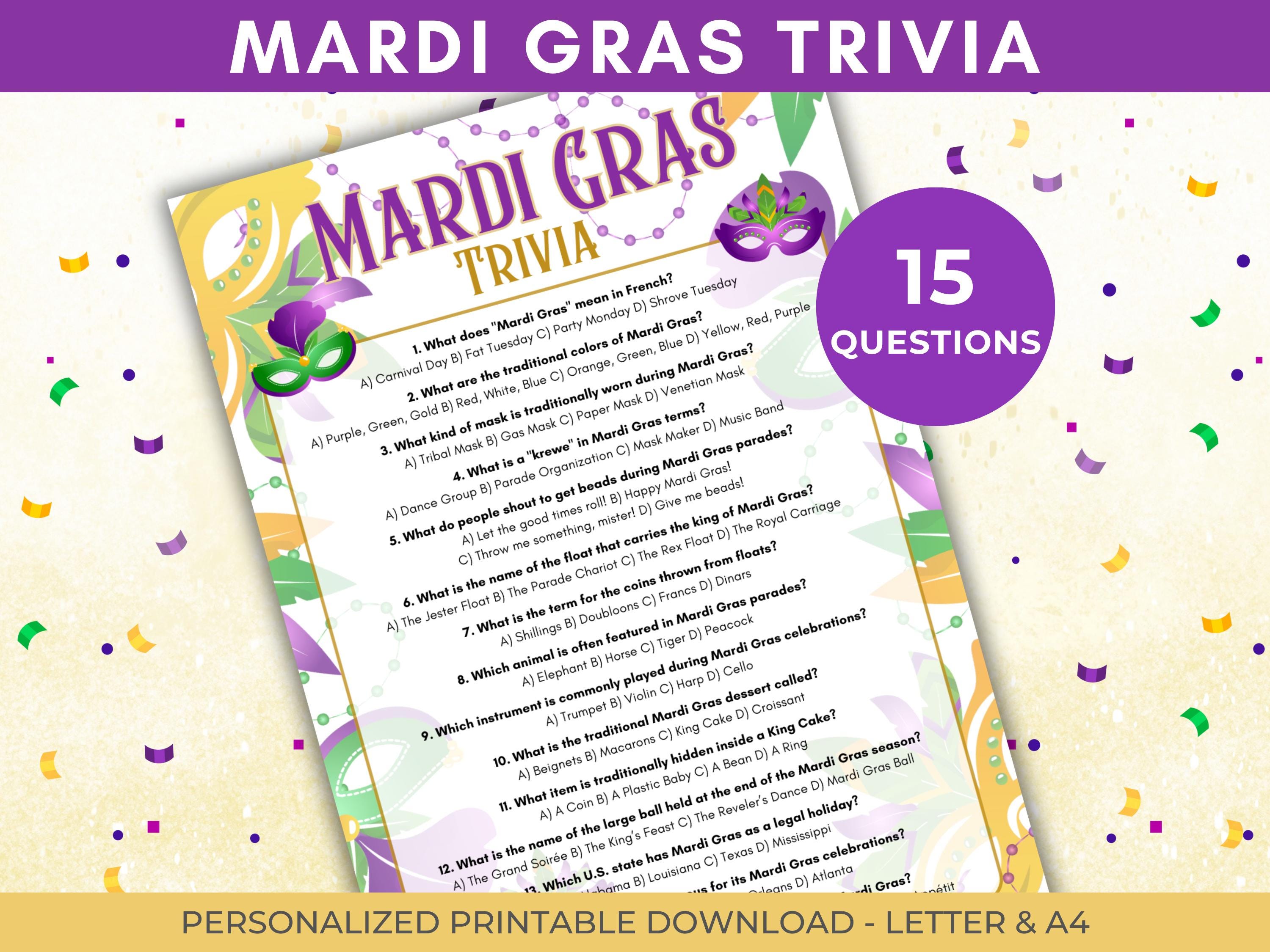 Mardi Gras Trivia Game, Printable Kids Adult Mardi Gras Quiz, Mardi ...