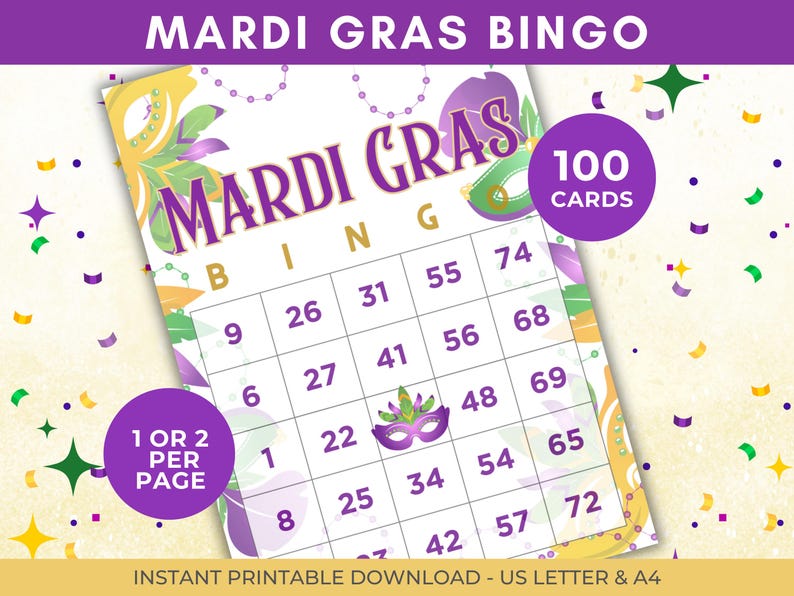 100 Mardi Gras Bingo Cards, Printable Mardi Gras Bingo, Mardi Gras ...
