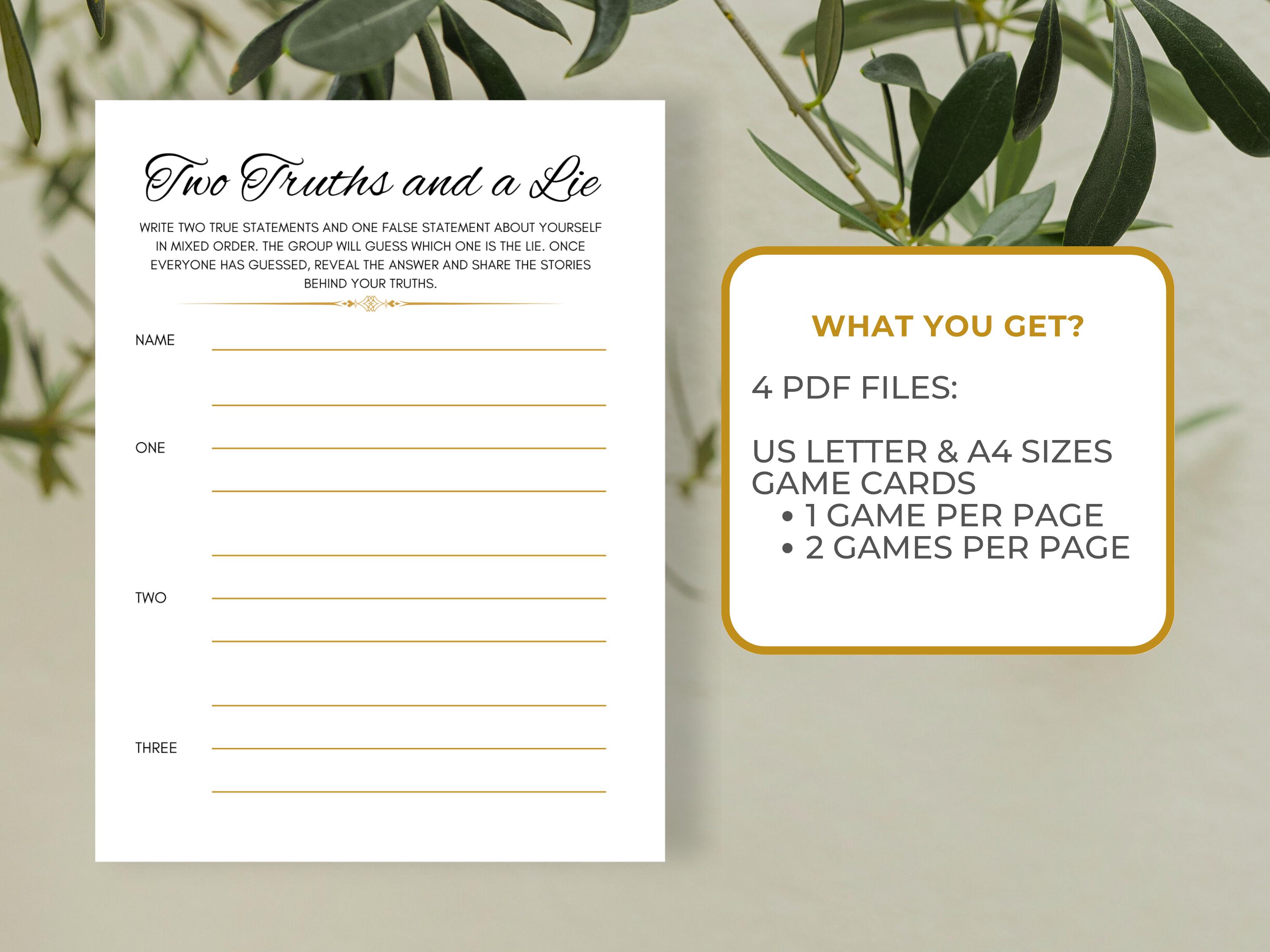 Two Truths and a Lie Game Printable | Fun Icebreaker | Bachelorette ...