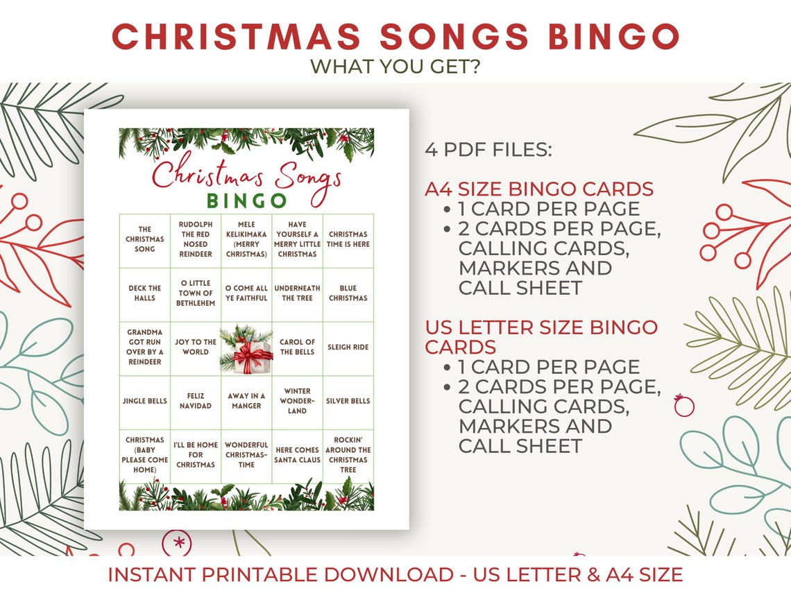 30 Christmas Song Bingo Cards, Printable Music Bingo Game for Family ...
