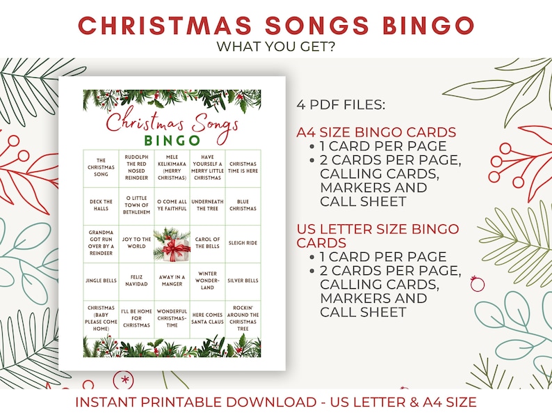 30 Christmas Song Bingo Cards, Printable Music Bingo Game for Family ...