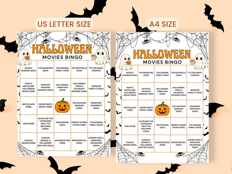100 Halloween Movies Bingo Cards, Printable Family Friendly Movies ...