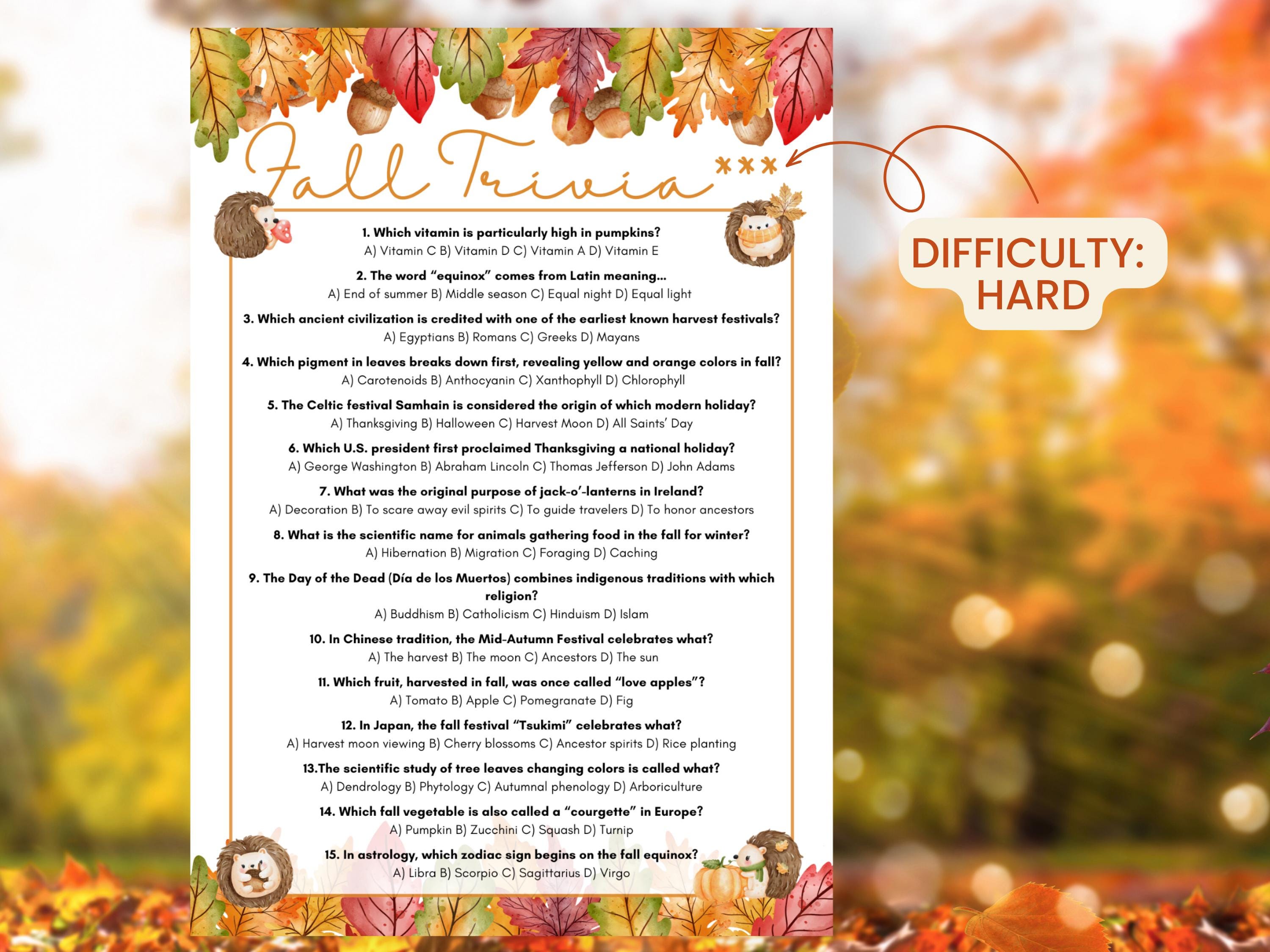 Fall Trivia Game, Printable Fall Quiz, Autumn Trivia Questions, Kids ...