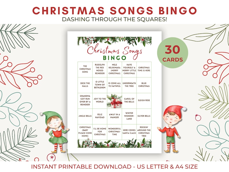 30 Christmas Song Bingo Cards, Printable Music Bingo Game for Family ...