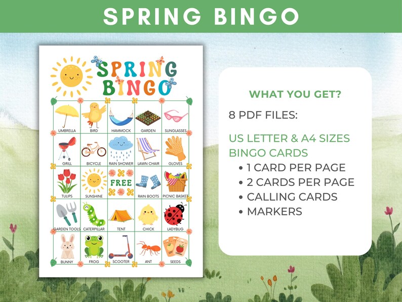 60 Spring Bingo Cards, Printable Spring Bingo, Spring Activity, Kids ...
