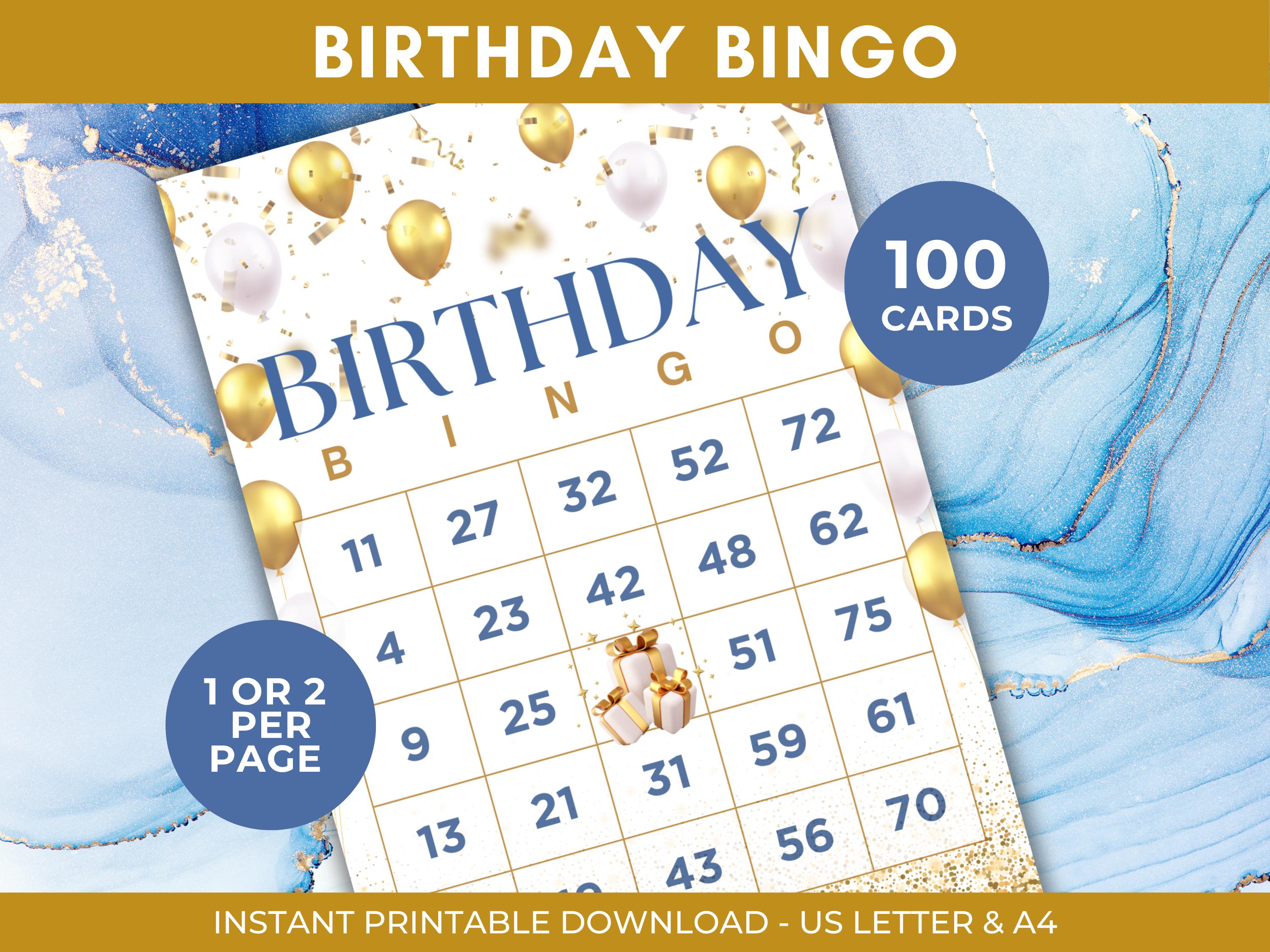 100 Birthday Bingo Cards, Printable Gold Blue Birthday Bingo, Birthday ...