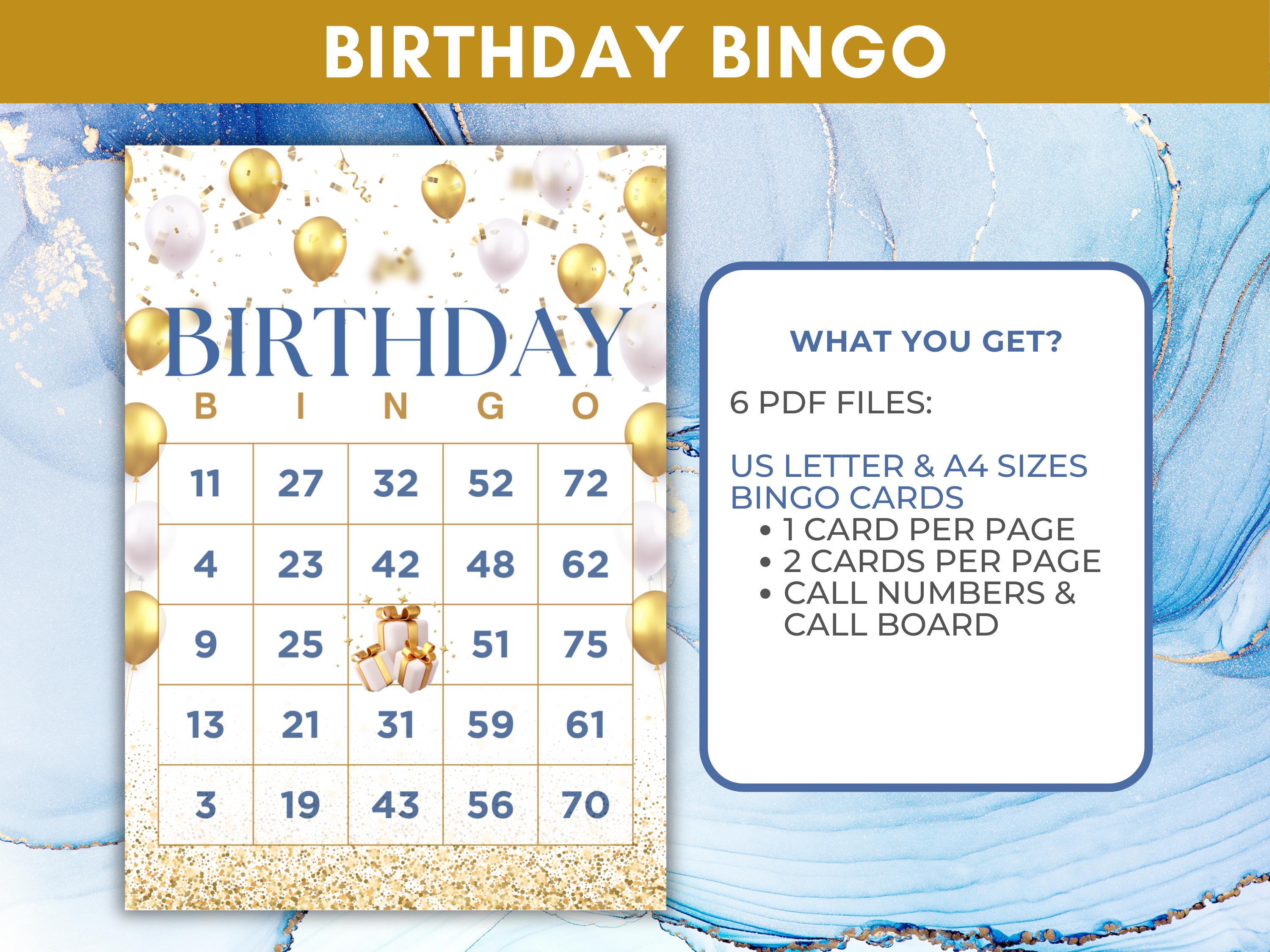 100 Birthday Bingo Cards, Printable Gold Blue Birthday Bingo, Birthday ...