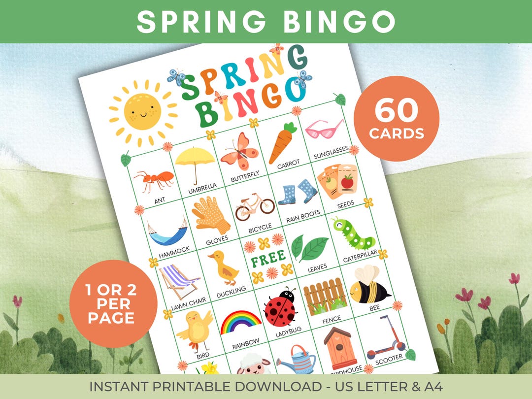 60 Spring Bingo Cards, Printable Spring Bingo, Spring Activity, Kids ...