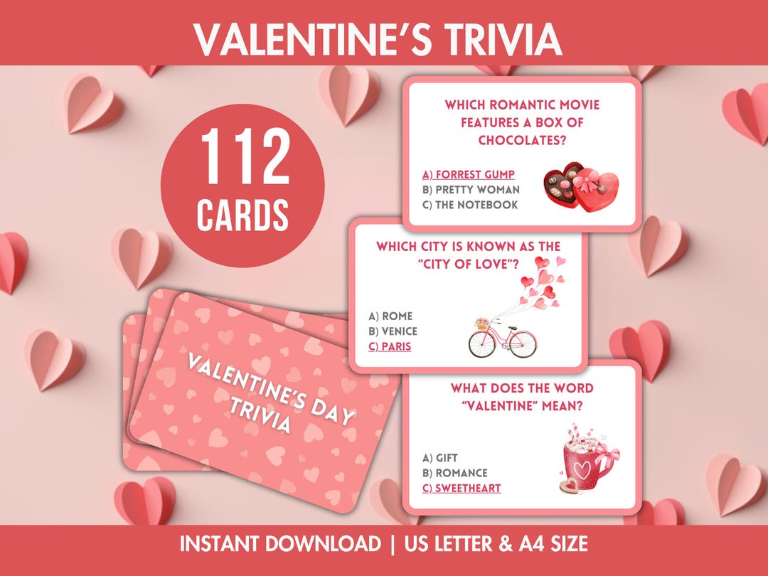 Valentine's Day Trivia Game, Valentine's Trivia Cards, Valentine Party ...