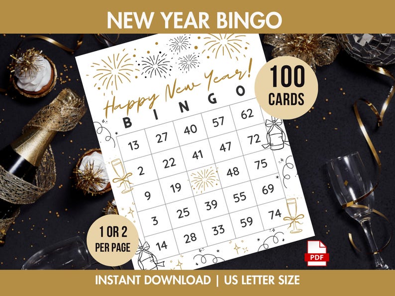 100 New Year Bingo Cards, Printable New Year Games, Hand Drawn Bingo ...