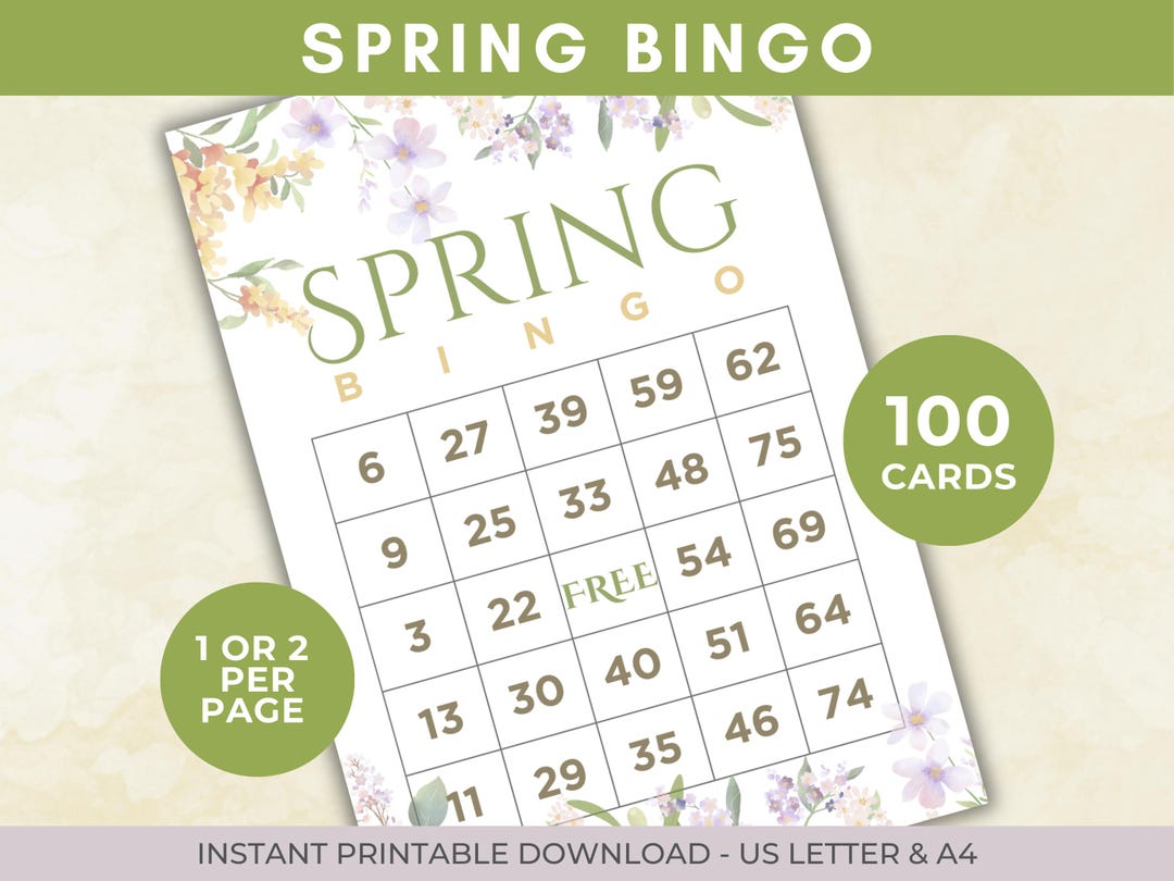 100 Spring Bingo Cards, Printable Spring Bingo, Spring Activity, Spring ...