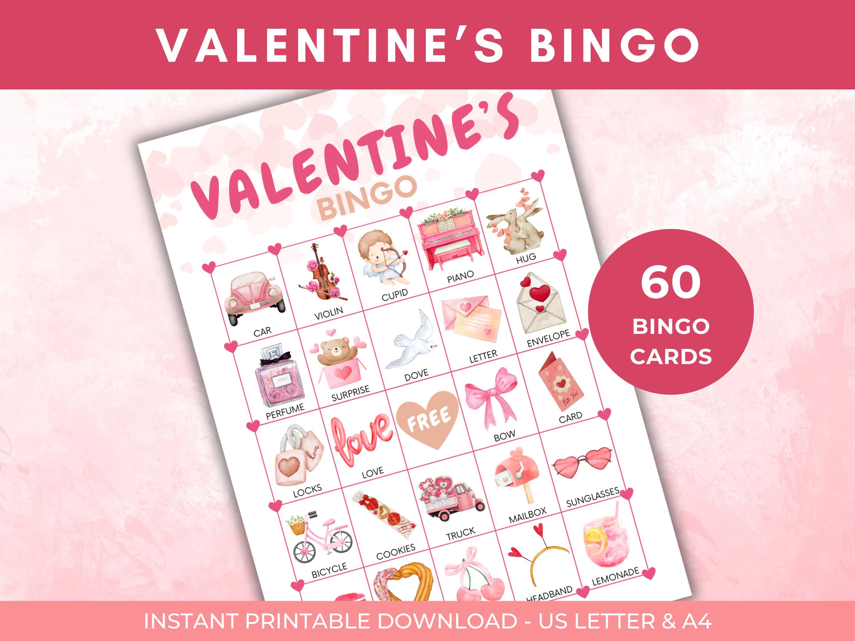 60 Valentine's Day Bingo Cards, Valentine's Day Bingo, Valentine ...