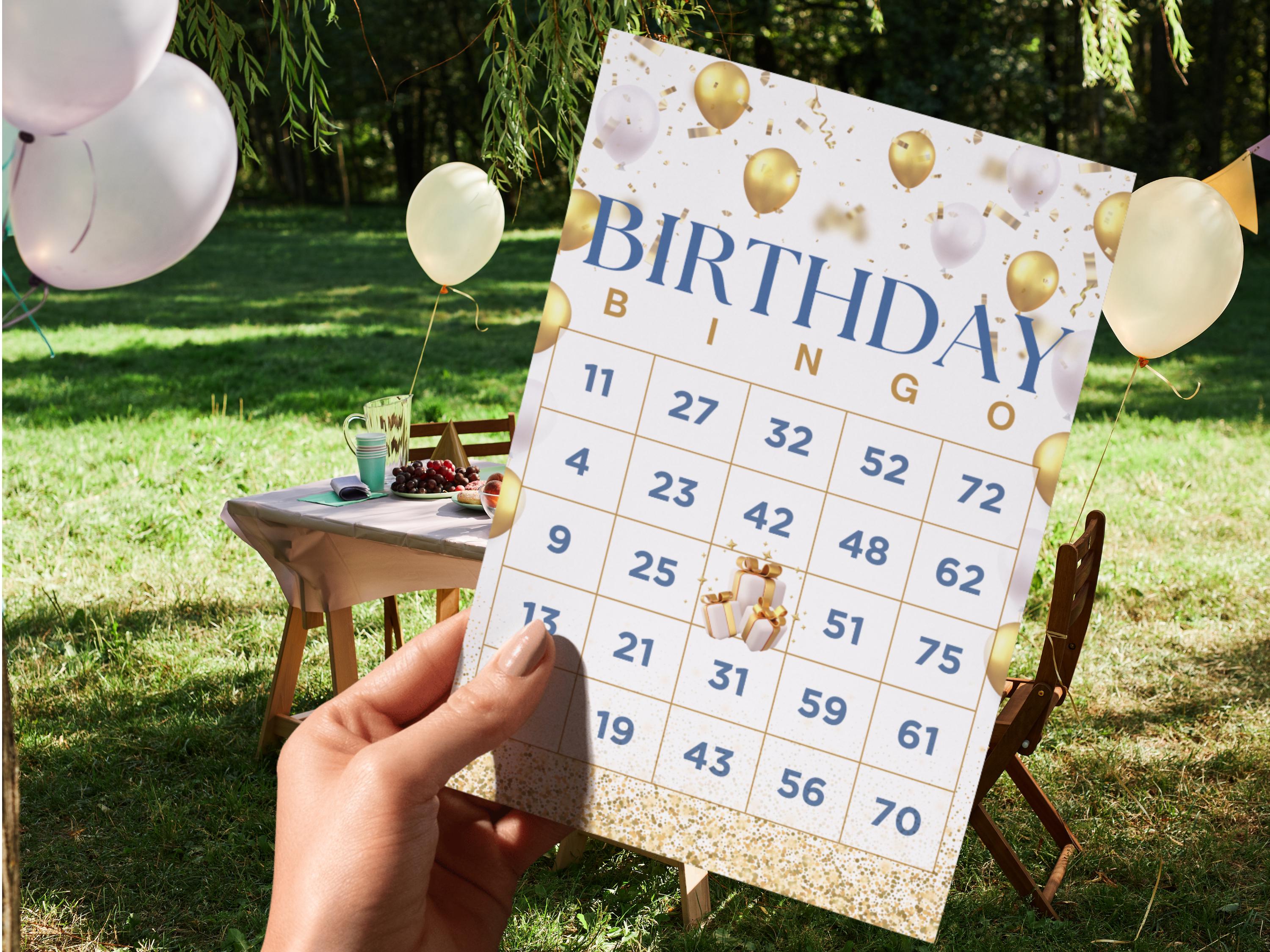 100 Birthday Bingo Cards, Printable Gold Blue Birthday Bingo, Birthday ...