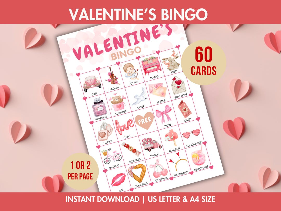 60 Valentine's Day Bingo Cards, Valentine's Day Bingo, Valentine ...