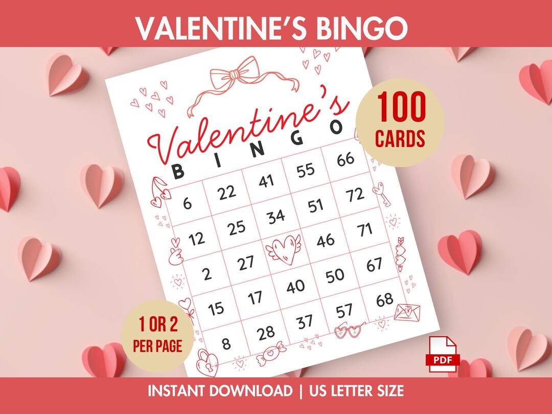 100 Valentines Bingo Cards, Printable Valentine Games, Hand Drawn Bingo ...