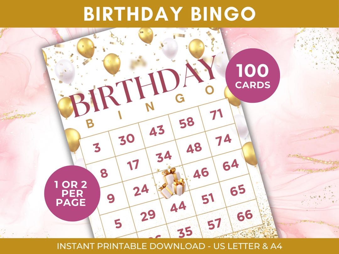 100 Birthday Bingo Cards, Printable Gold Pink Birthday Bingo, Birthday ...