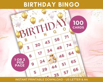 100 Birthday Bingo Cards, Printable Gold Blue Birthday Bingo, Birthday ...