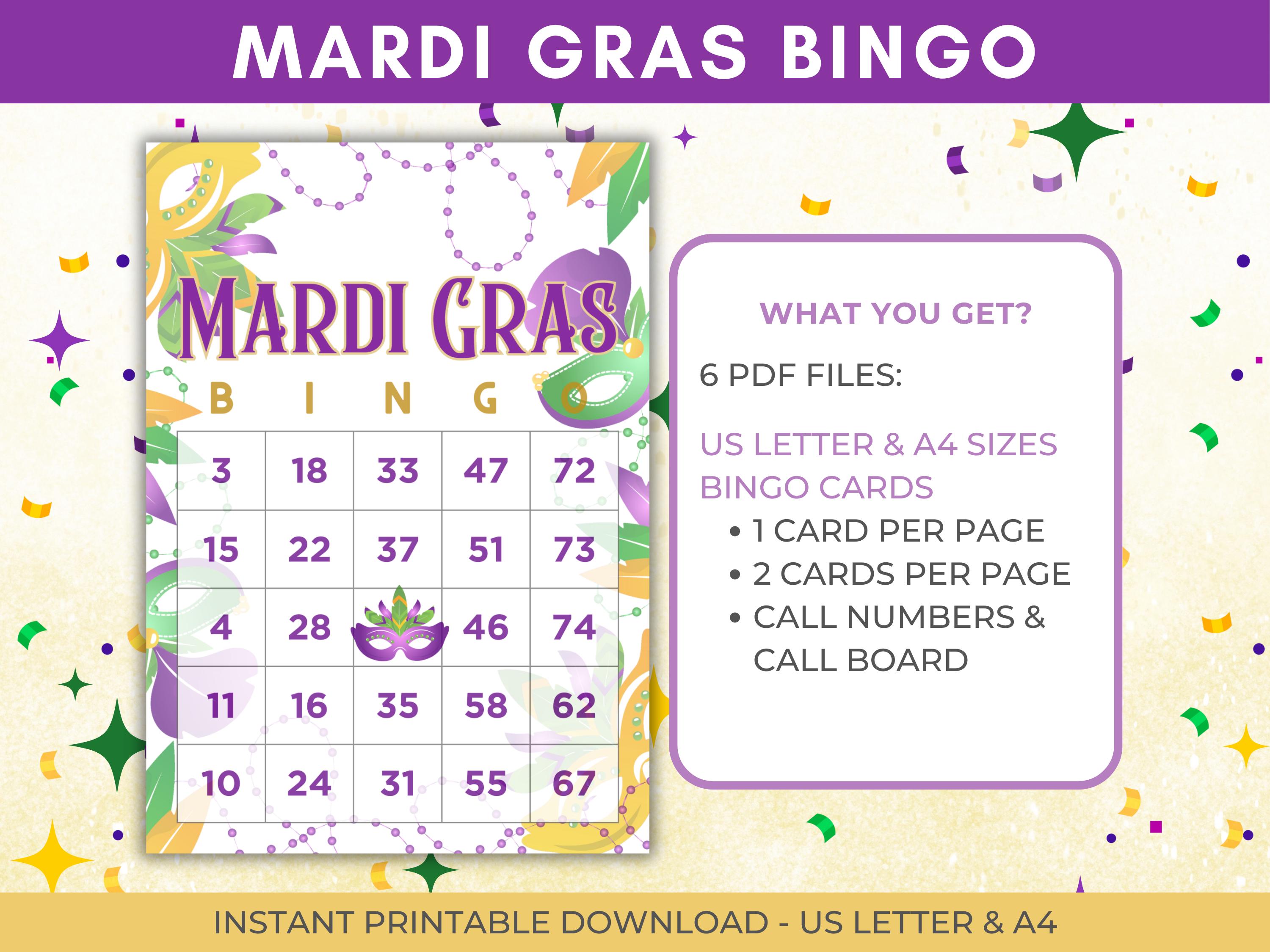 100 Mardi Gras Bingo Cards, Printable Mardi Gras Bingo, Mardi Gras ...