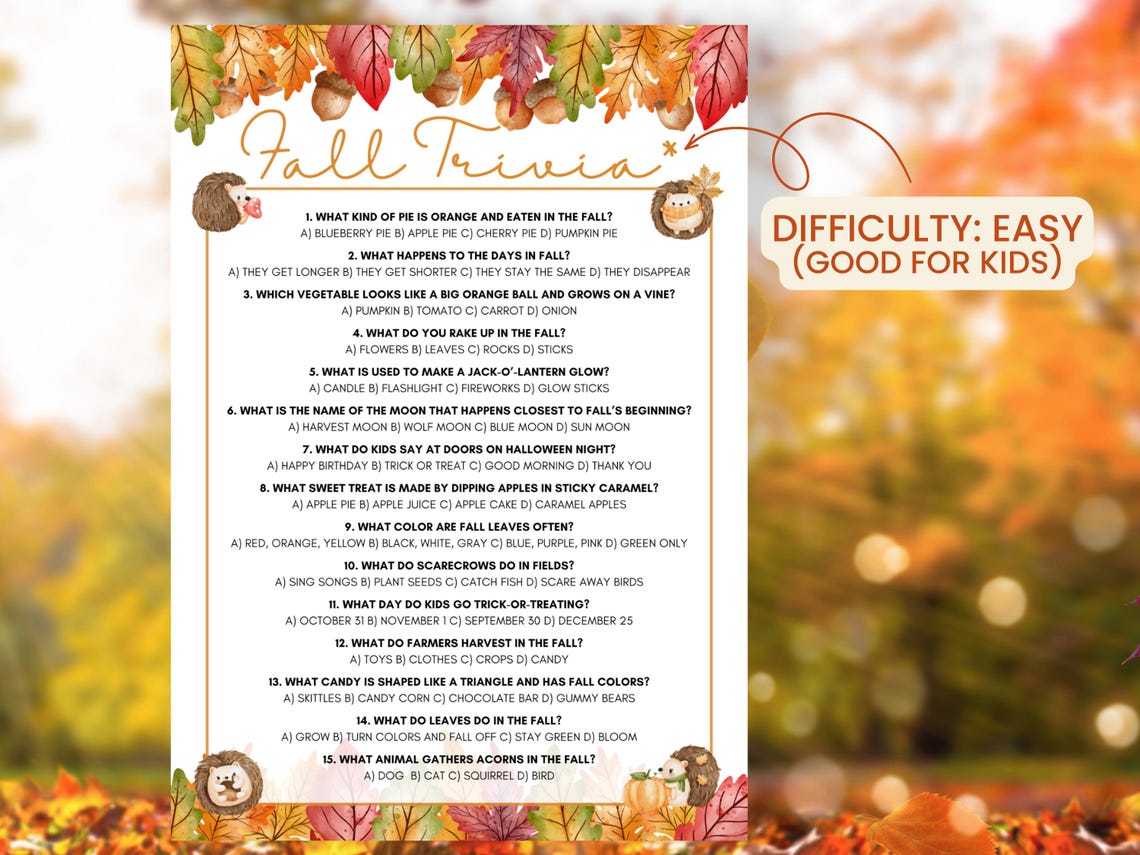 Fall Trivia Game, Printable Fall Quiz, Autumn Trivia Questions, Kids ...